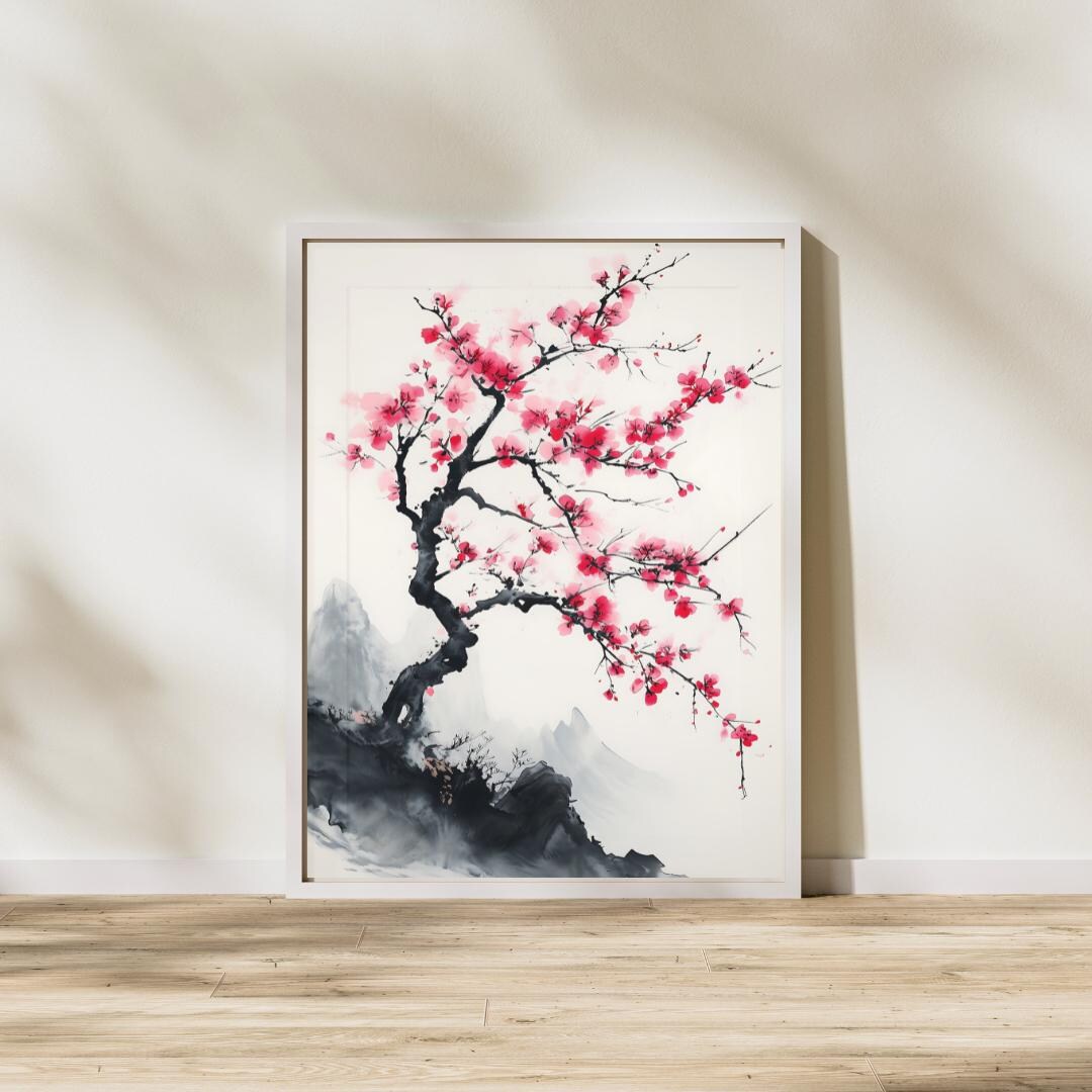 Cherry Blossom Tree Ink Painting | Japanese Landscape Wall Art ...