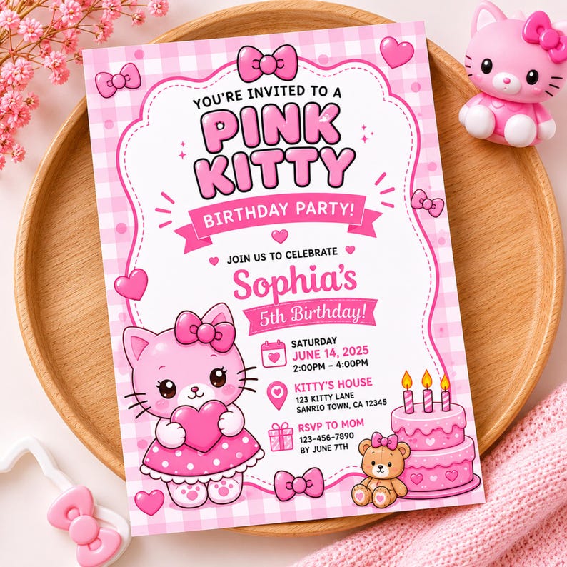 Pink Kitty Birthday Invitation Template | Editable Canva Invite | PLR ...