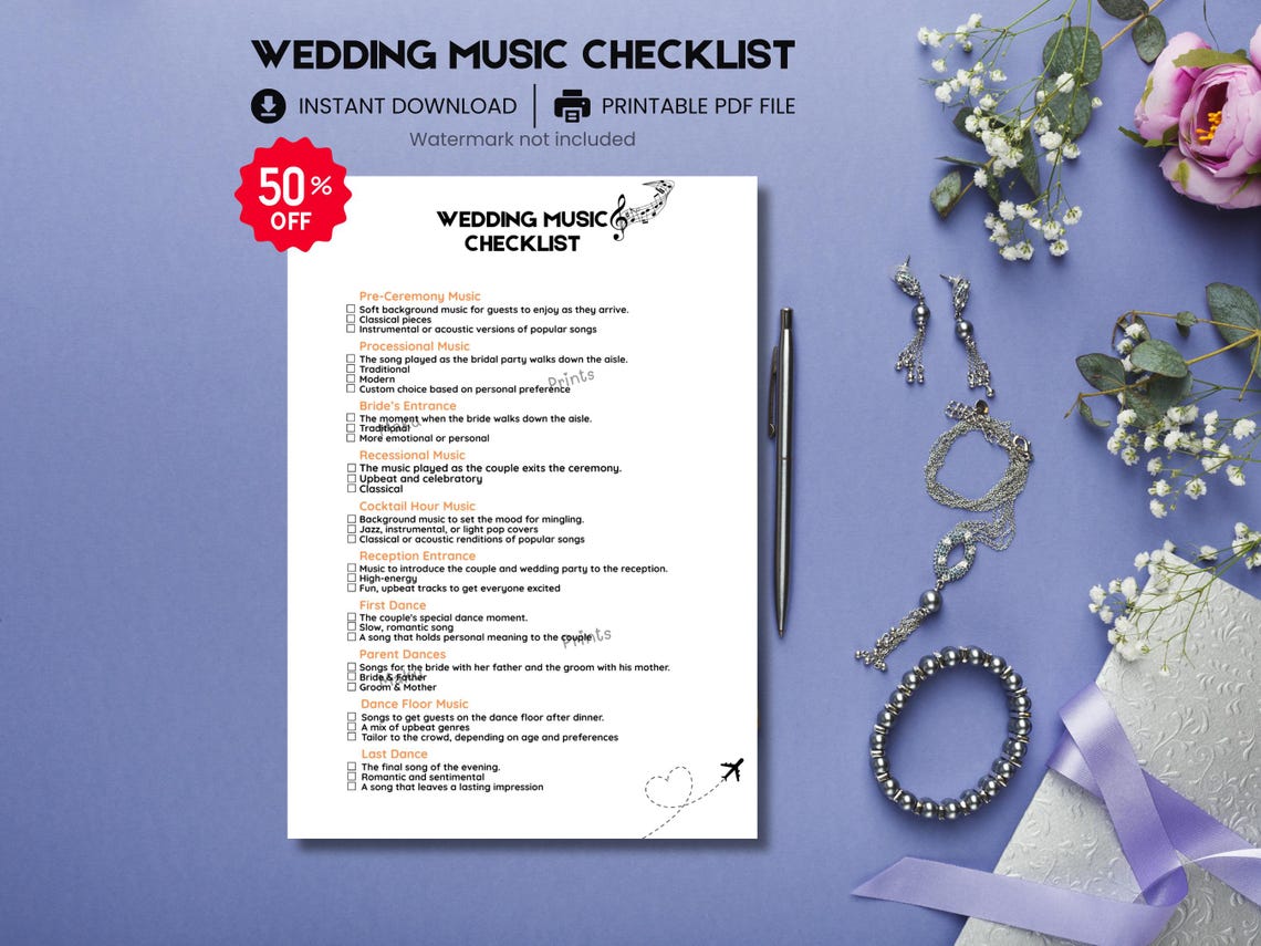 Wedding Music Checklist, Printable Wedding Planner, PDF File, to Do ...
