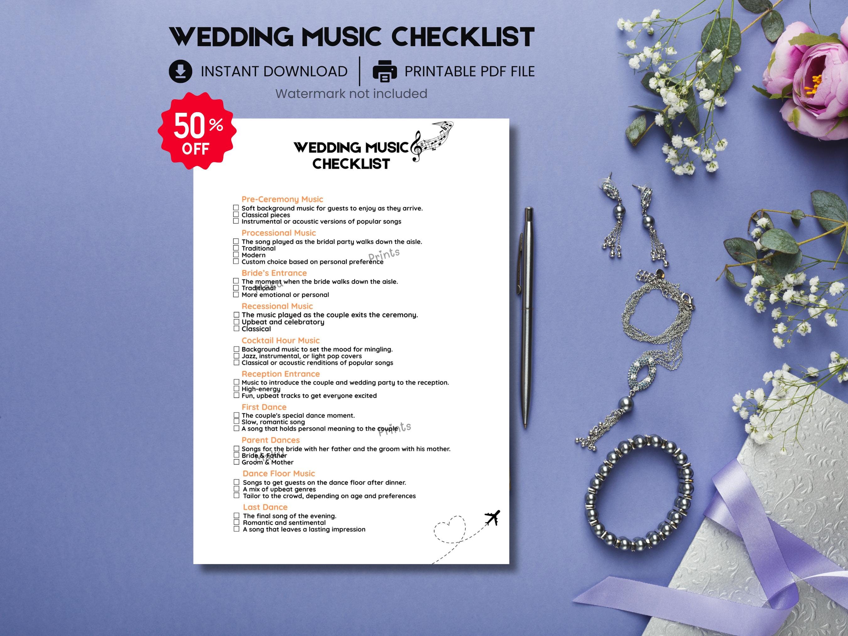 Wedding Music Checklist, Printable Wedding Planner, PDF File, to Do ...