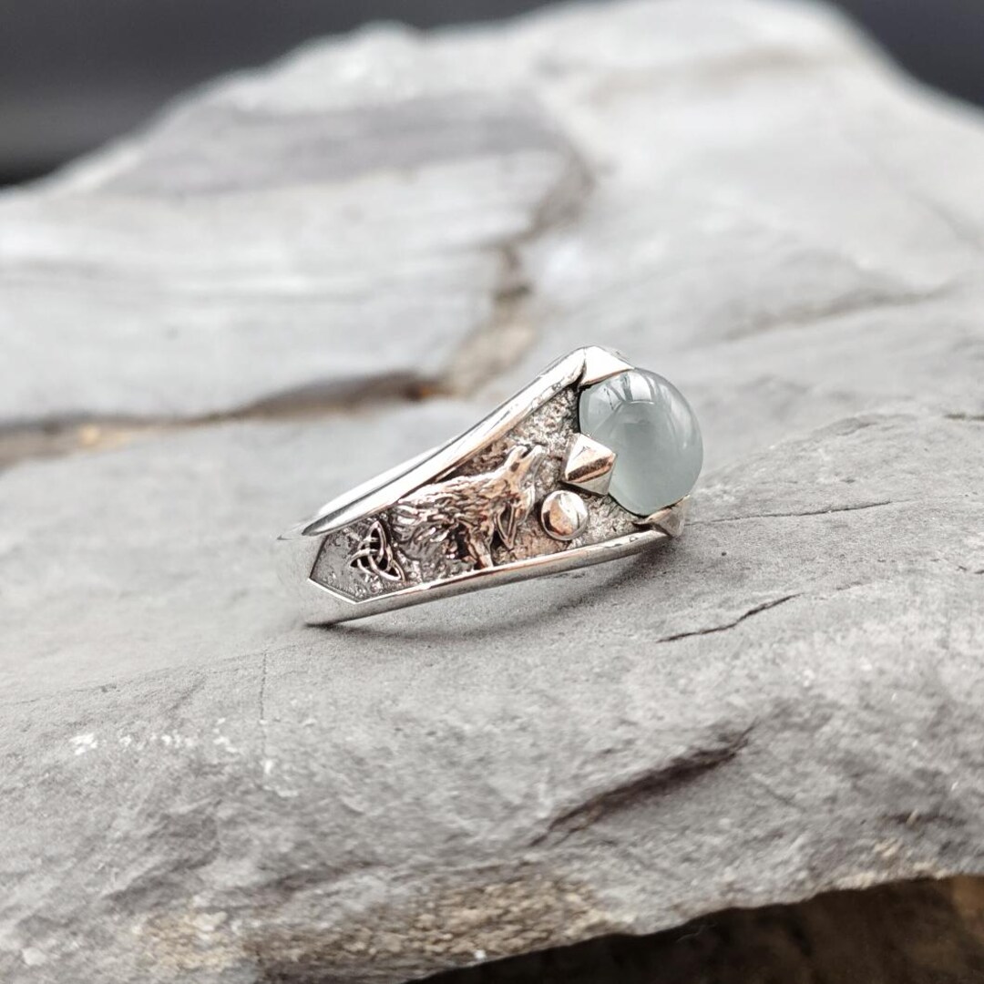 Sterling Silver Wolf Moon Ring With Aquamarine – Viking Pagan Jewelry ...