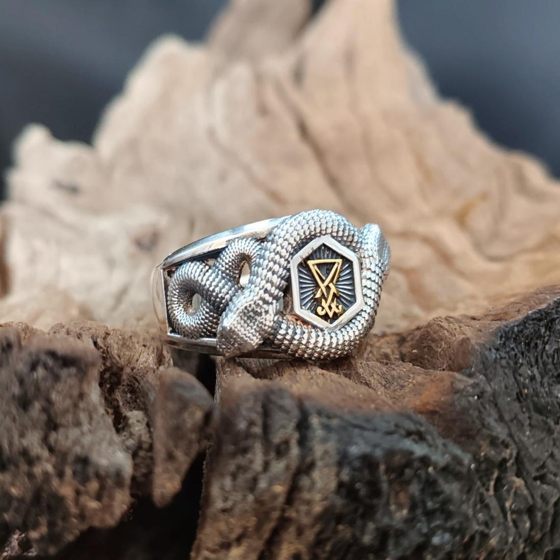 Lucifer Sigil Snake Ring – Handmade 925 Sterling Silver Gothic Signet ...