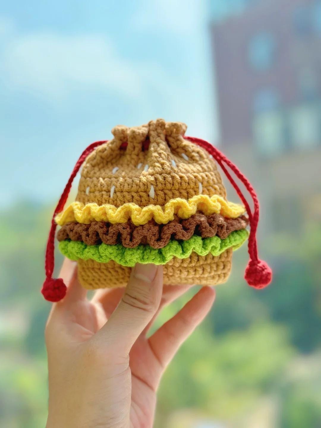 Crochet Little Hamburger Purse Drawstring Pattern, Amigurumi Hamburger ...
