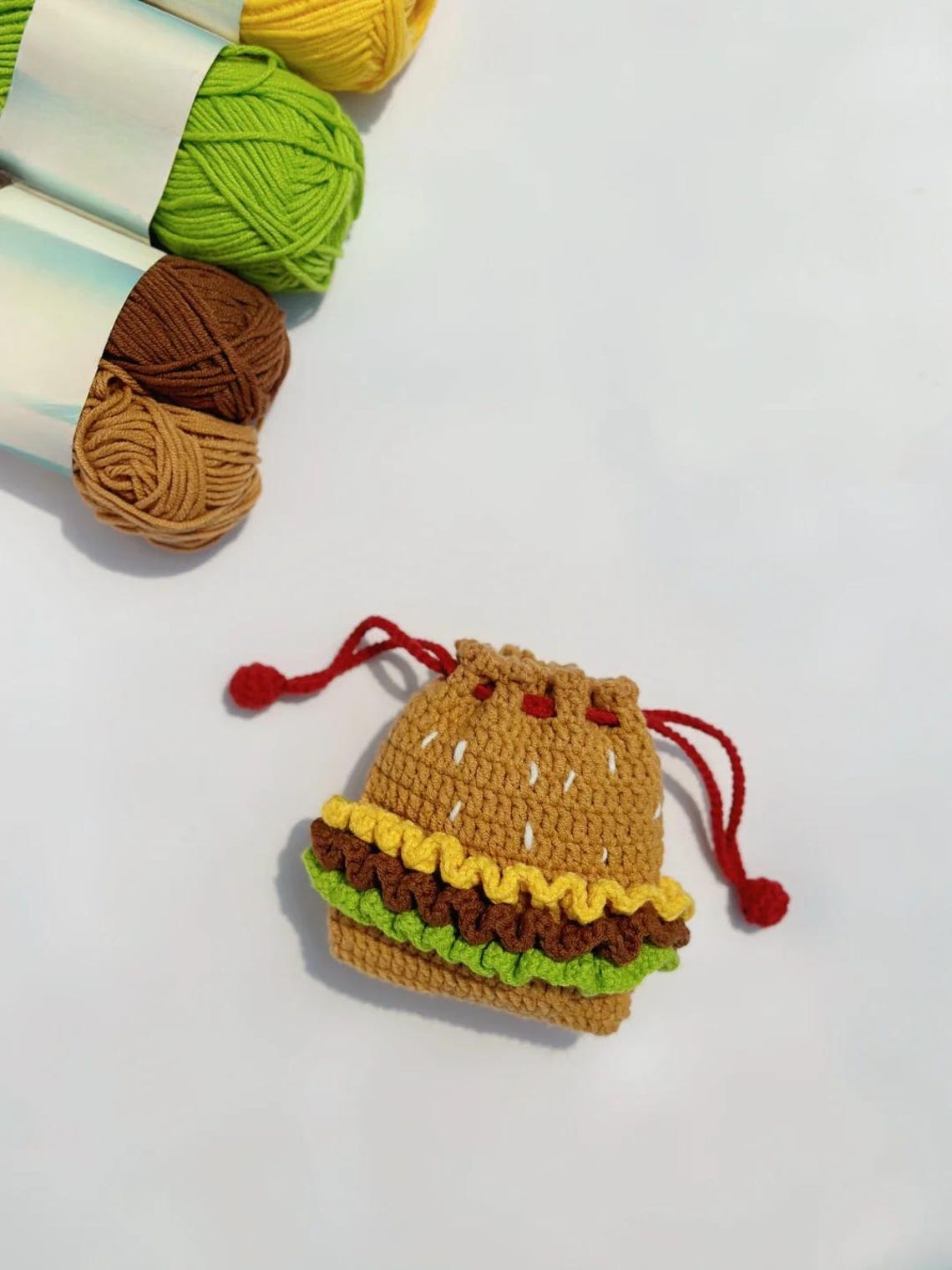 Crochet Little Hamburger Purse Drawstring Pattern, Amigurumi Hamburger ...
