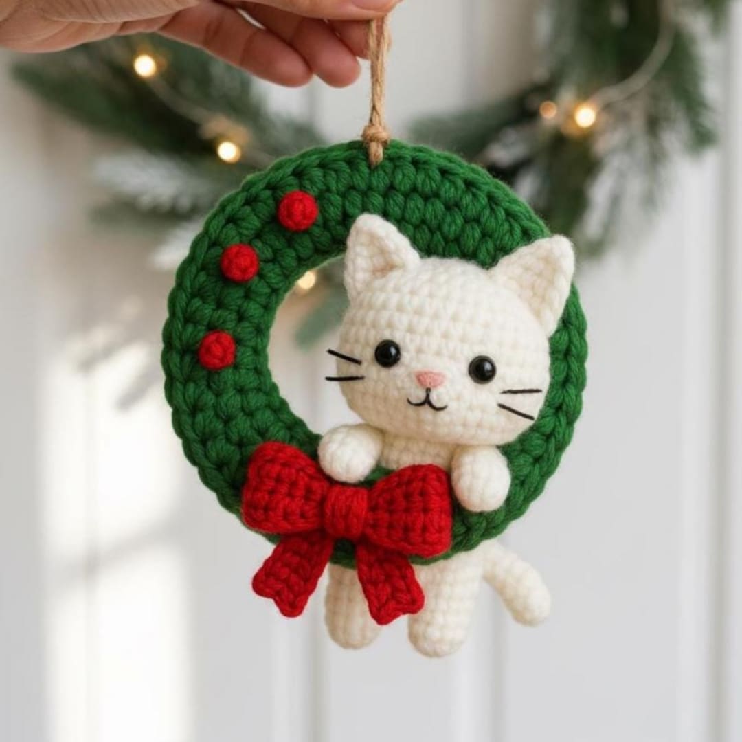 Cat on Christmas Wreath Crochet PDF Pattern, Cute Christmas Cat ...
