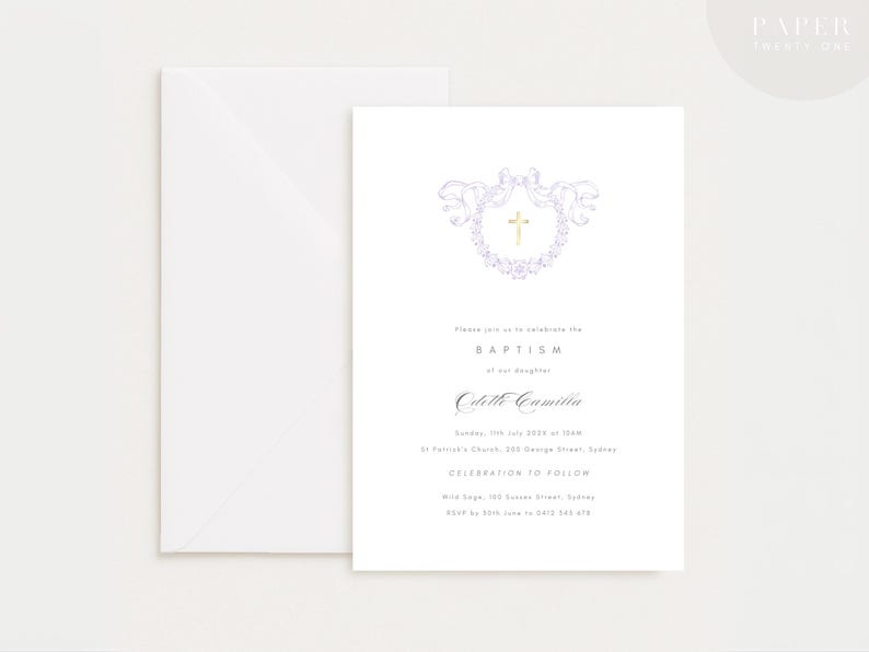 Girls Baptism Invitation | Classic Lilac Crest Wreath Christening ...
