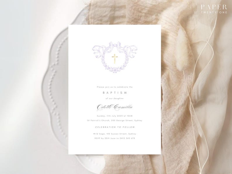 Girls Baptism Invitation | Classic Lilac Crest Wreath Christening ...