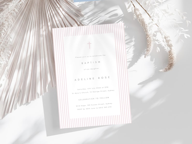 Girl Baptism Invitation | Classic Pink Stripe Cross Christening Invite ...