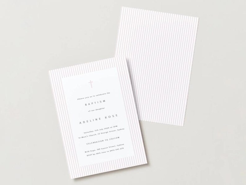 Girl Baptism Invitation | Classic Pink Stripe Cross Christening Invite ...
