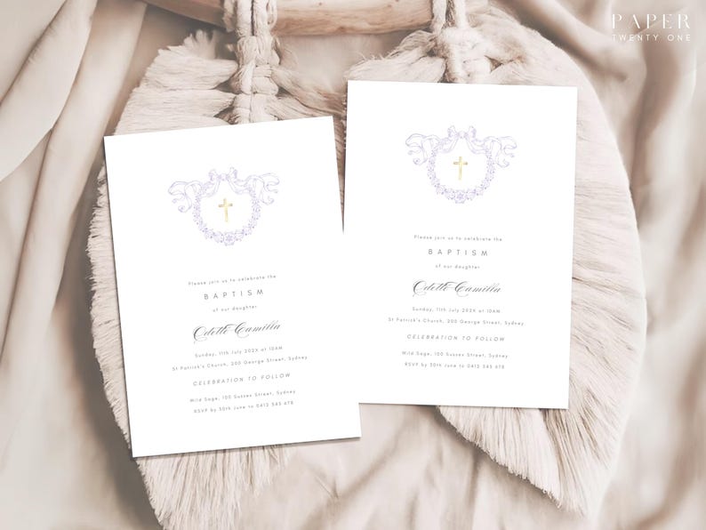 Girls Baptism Invitation | Classic Lilac Crest Wreath Christening ...