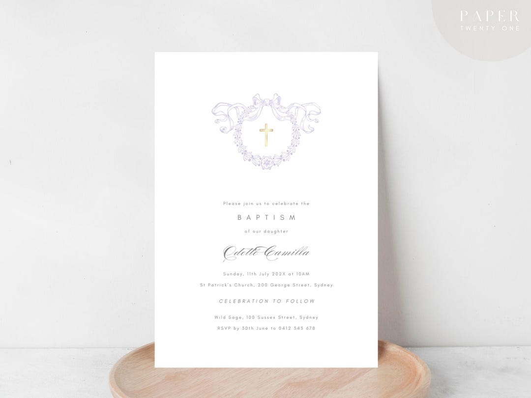 Girls Baptism Invitation | Classic Lilac Crest Wreath Christening ...
