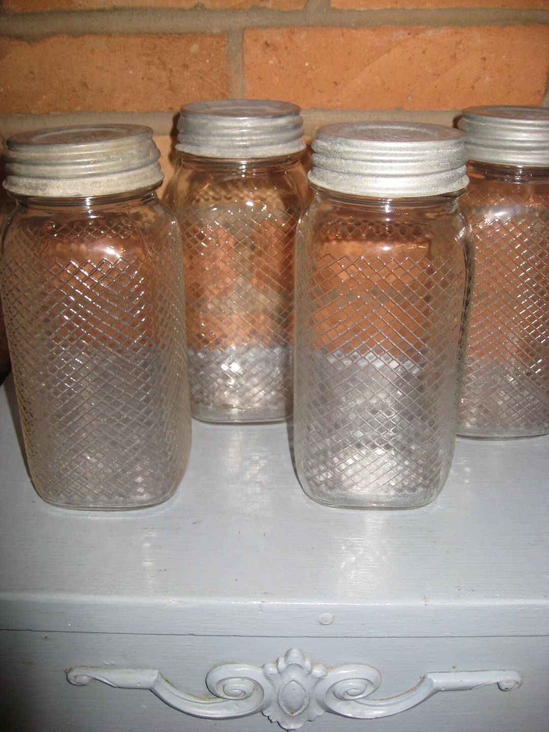 Antique Jars Canister Set 4 Clear Glass Diamond Embossed Grid Waffle ...