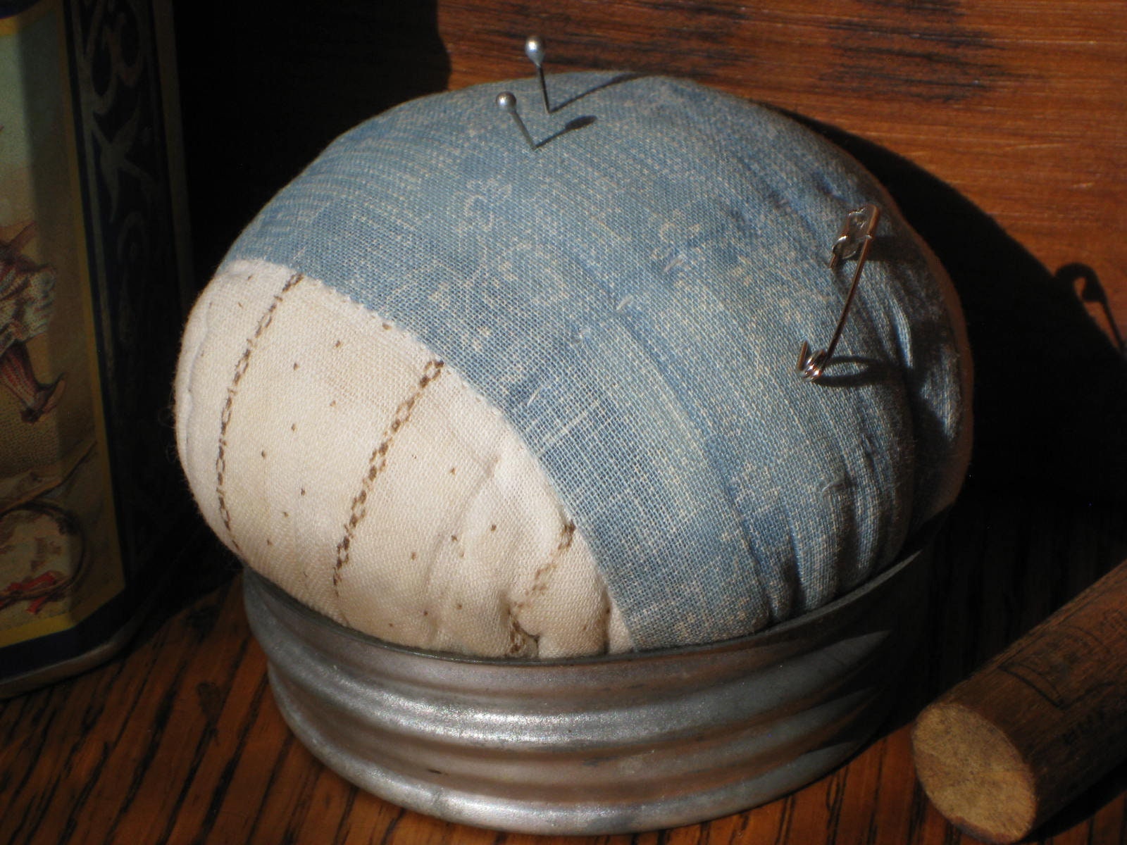 Antique Quilt Pincushion Early Fabrics 1800s Repurposed Zinc Jar Lid ...