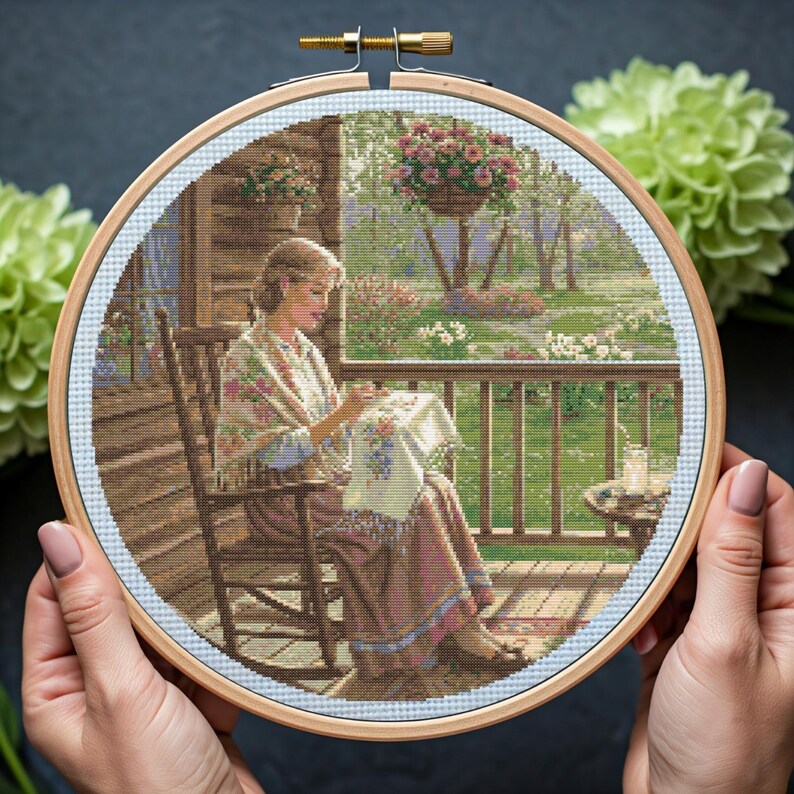 Stitching Lady on Rustic Porch Cross Stitch Pattern in Floral Garden ...