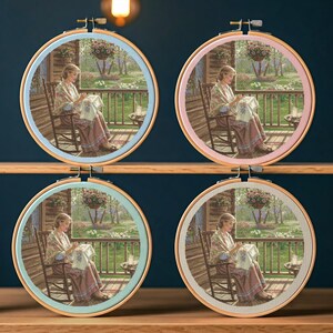 Stitching Lady on Rustic Porch Cross Stitch Pattern in Floral Garden ...