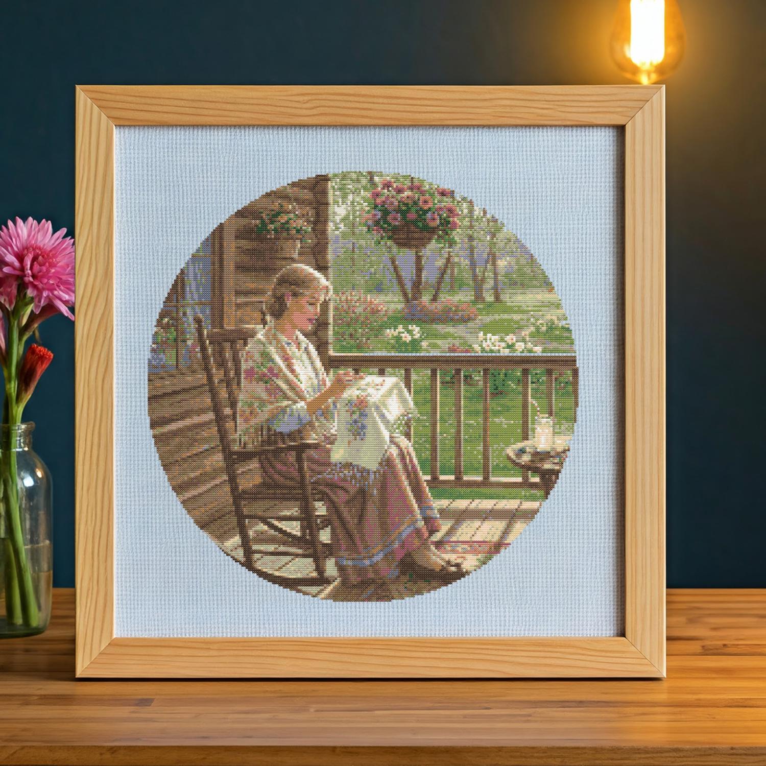 Stitching Lady on Rustic Porch Cross Stitch Pattern in Floral Garden ...