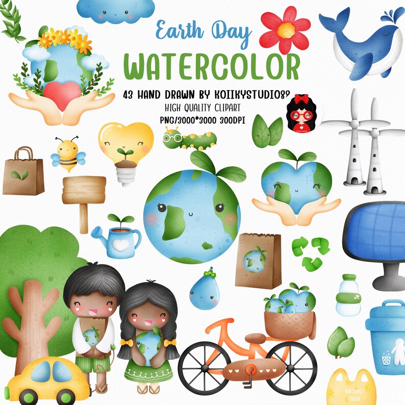 Earth Day Watercolor Clipart, Eco-friendly Kawaii PNG, Cute Environment ...
