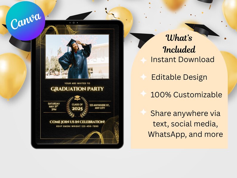 Editable Black & Gold Graduation Invitation | Class of 2025 Party ...