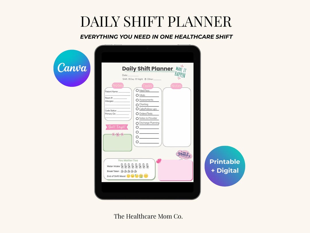 Daily Shift Planner for Healthcare Workers | Nurse Shift Planner ...