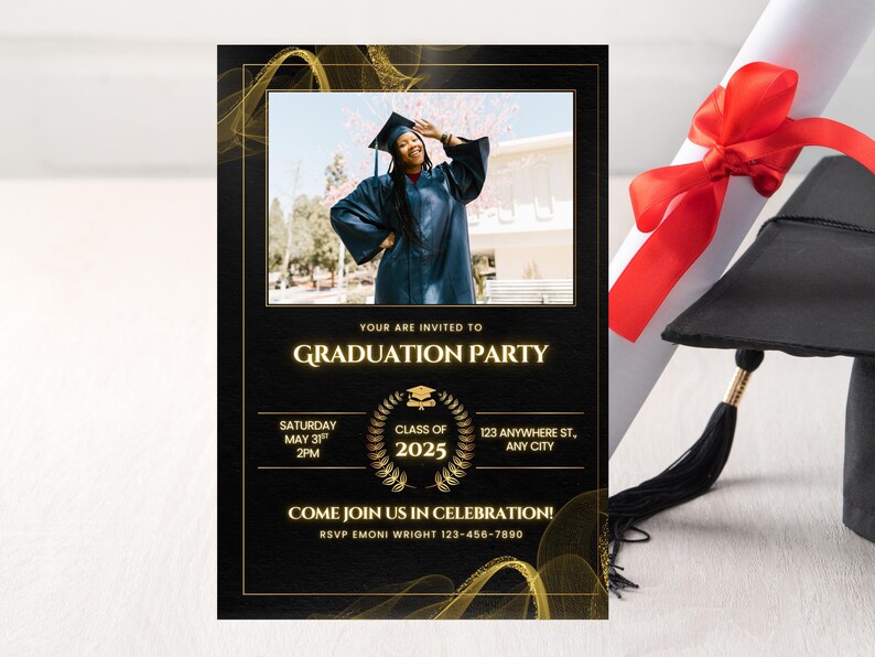 Editable Black & Gold Graduation Invitation | Class of 2025 Party ...