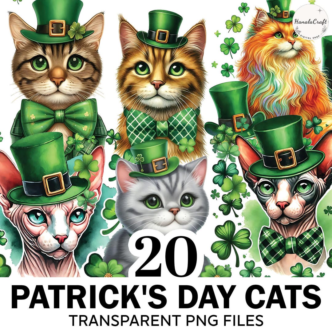 20+ Watercolor St. Patrick's Day Cats Clipart, St. Patrick's Day Png Bundle, Cute Cats Png, High ...