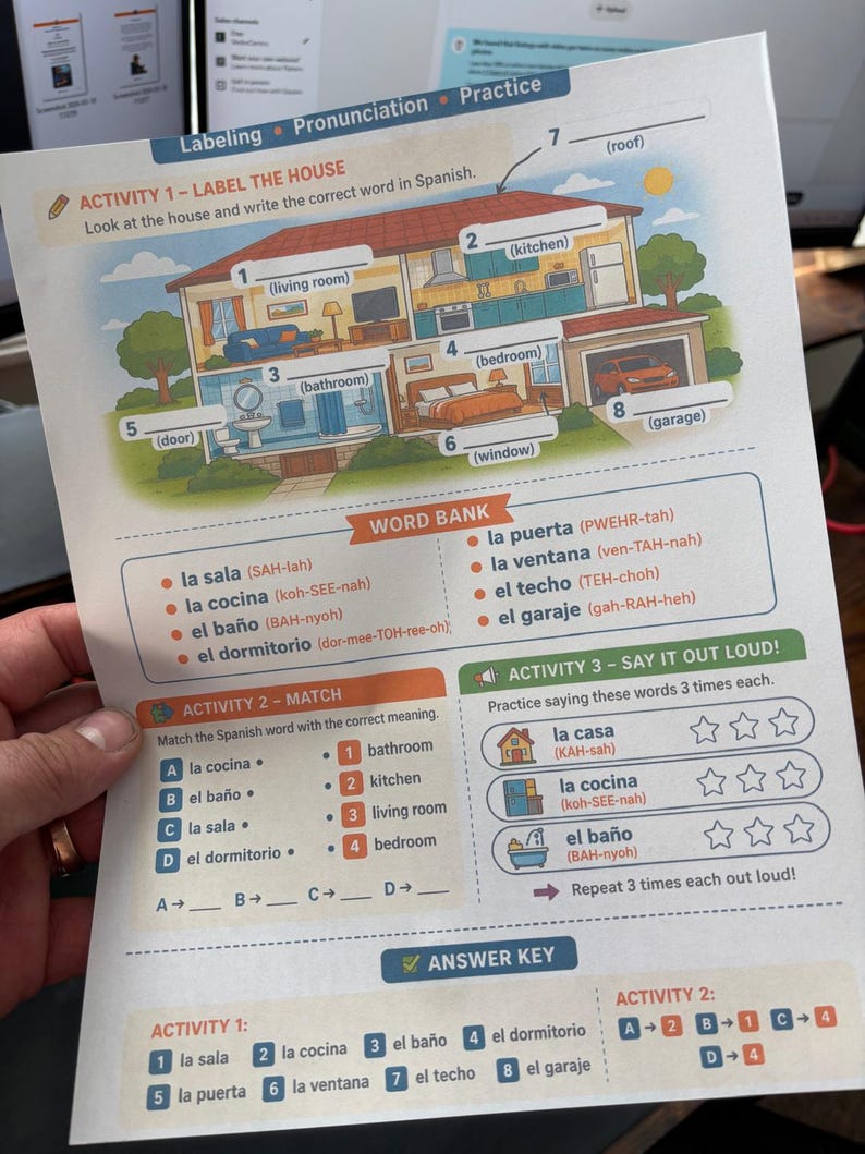 Learn Spanish House Vocabulary – Printable Worksheet for Beginners - Etsy