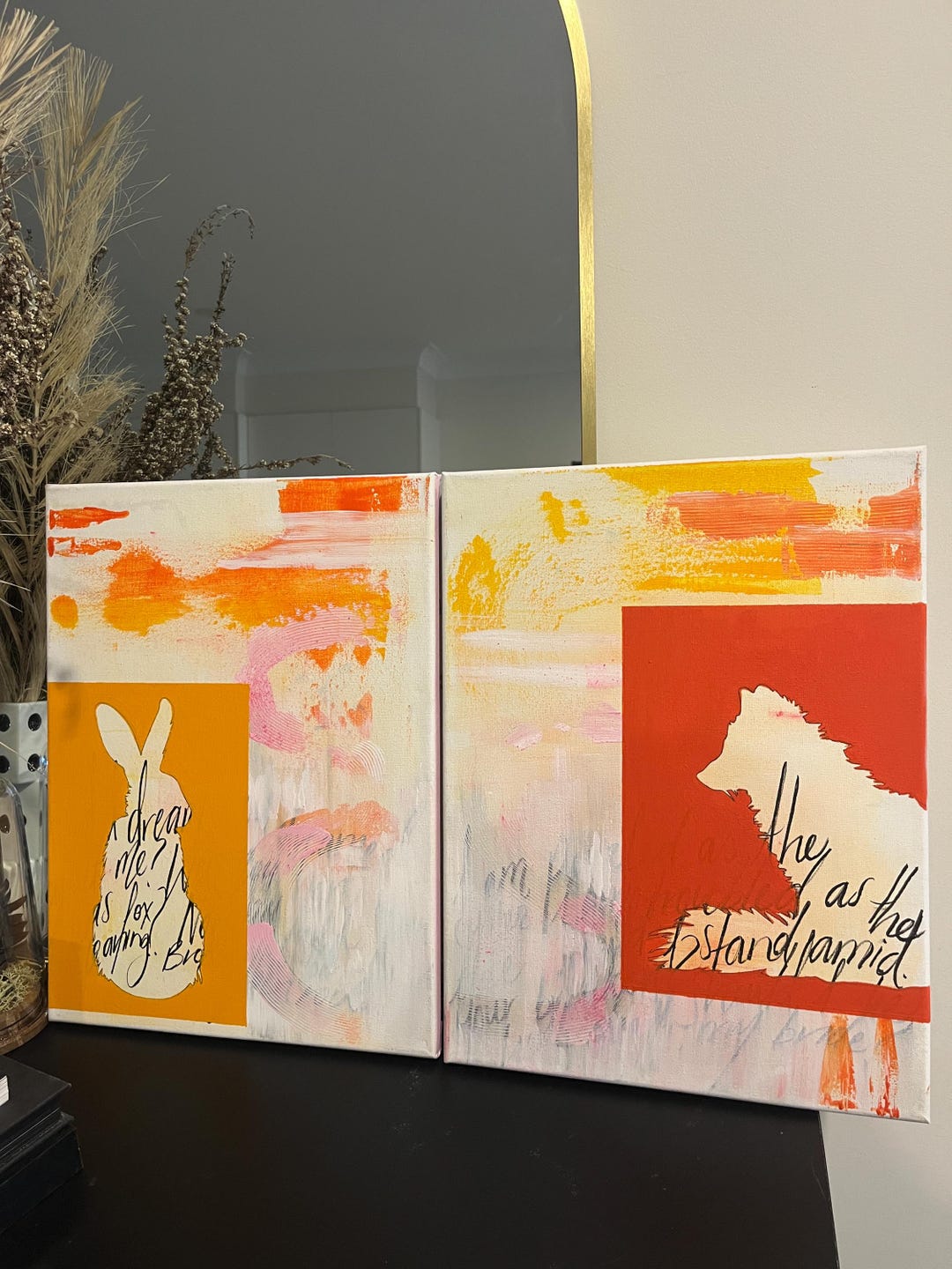 Hare and Fox: Original Set of 2 Acrylic Paintings (canvas) | Orange ...