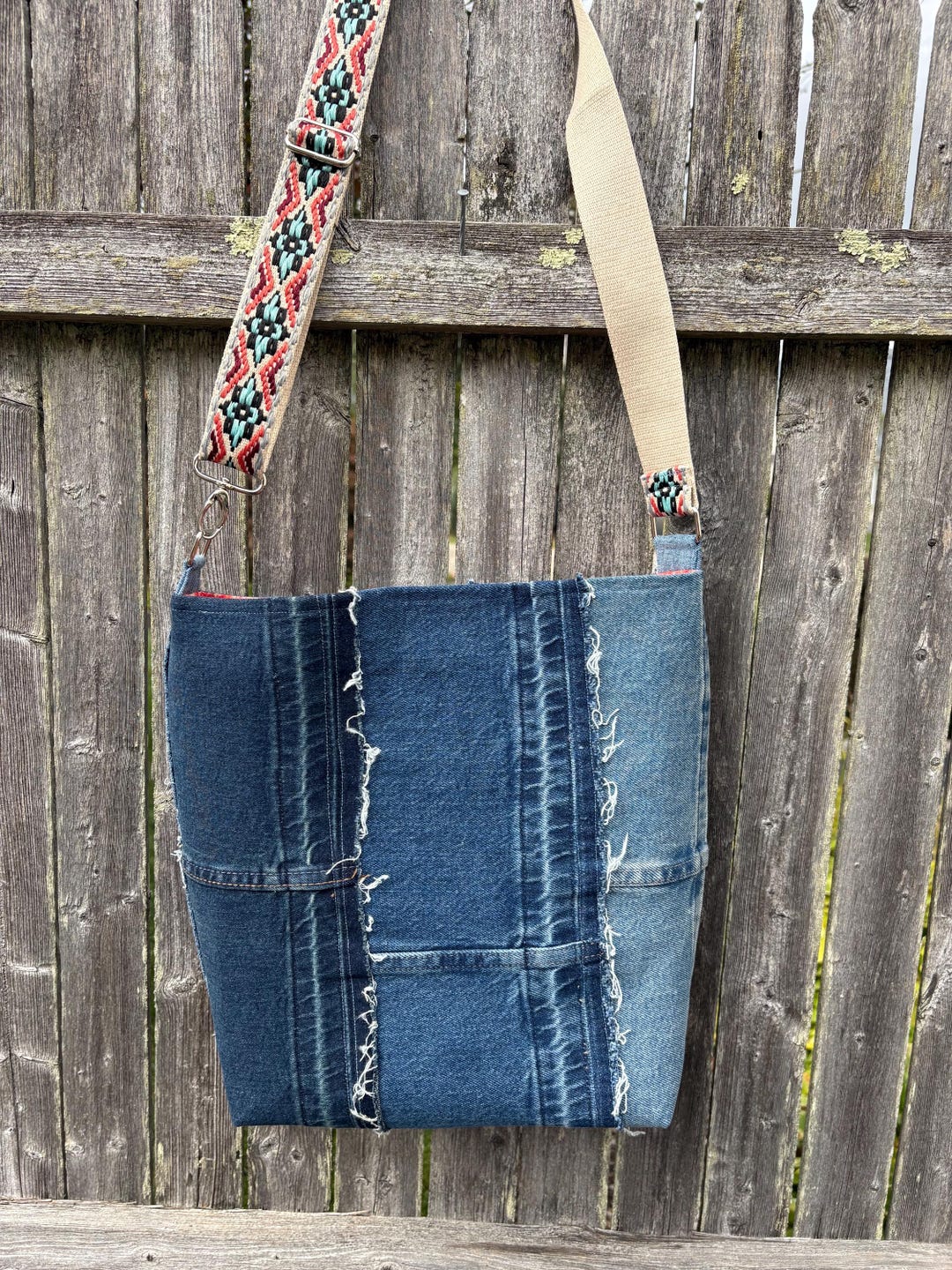 Upcycled Denim Tote Bag With Braided Strap - Etsy