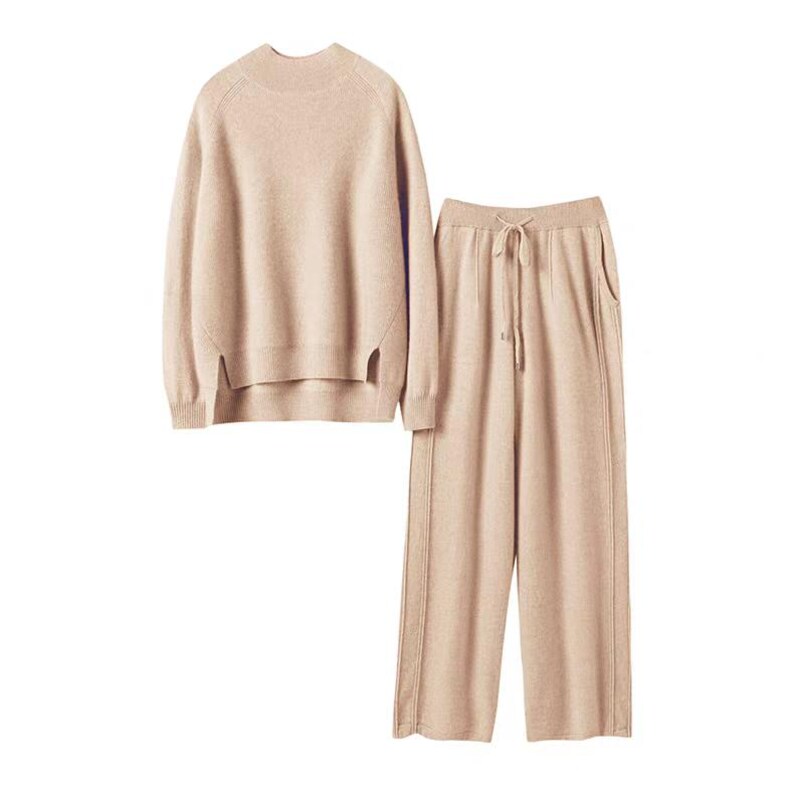 Sleek Cashmere Two Piece Set - Mock Neck Top & Wide-leg Pants | Cozy ...