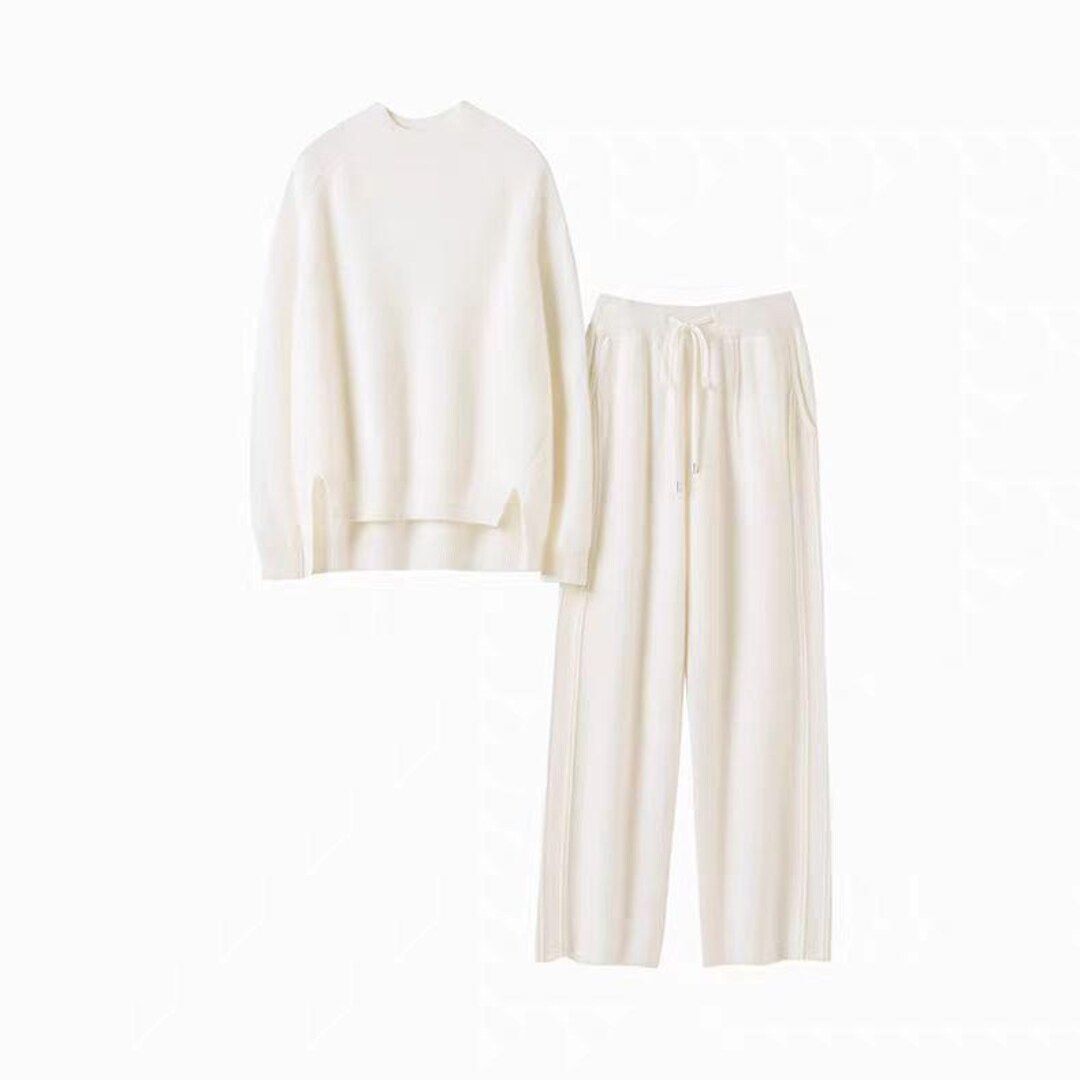 Sleek Cashmere Two Piece Set - Mock Neck Top & Wide-leg Pants | Cozy ...