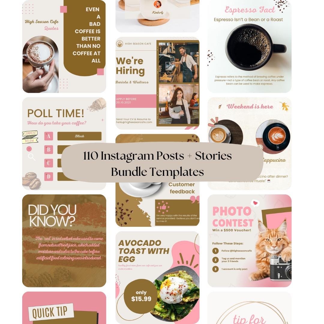 Bundle 110 Cafe Instagram Posts & Stories Template | Cafe Branding ...