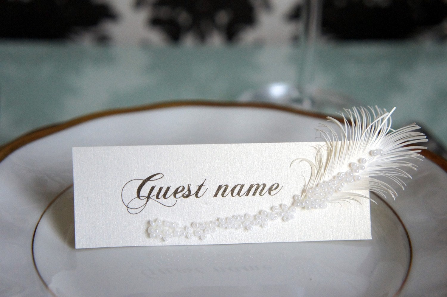 Ivory Wedding Place Cards With Feather & Pearls - Etsy