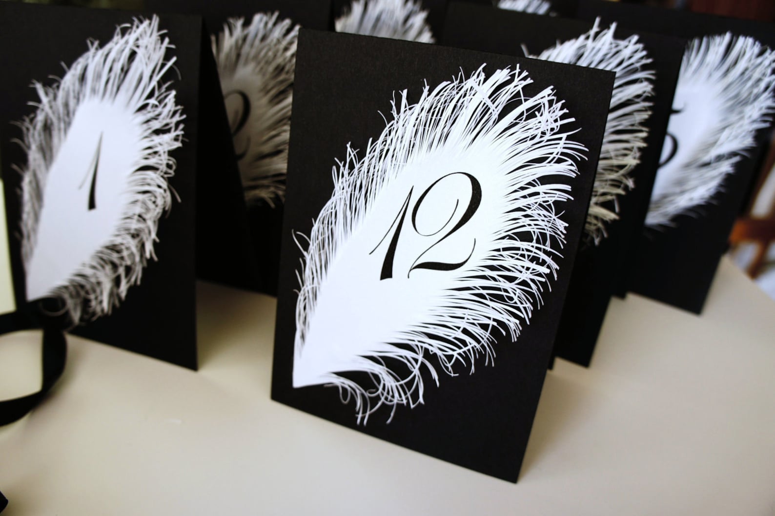 Black and White Wedding Table Numbers With Feather | Table Markers ...