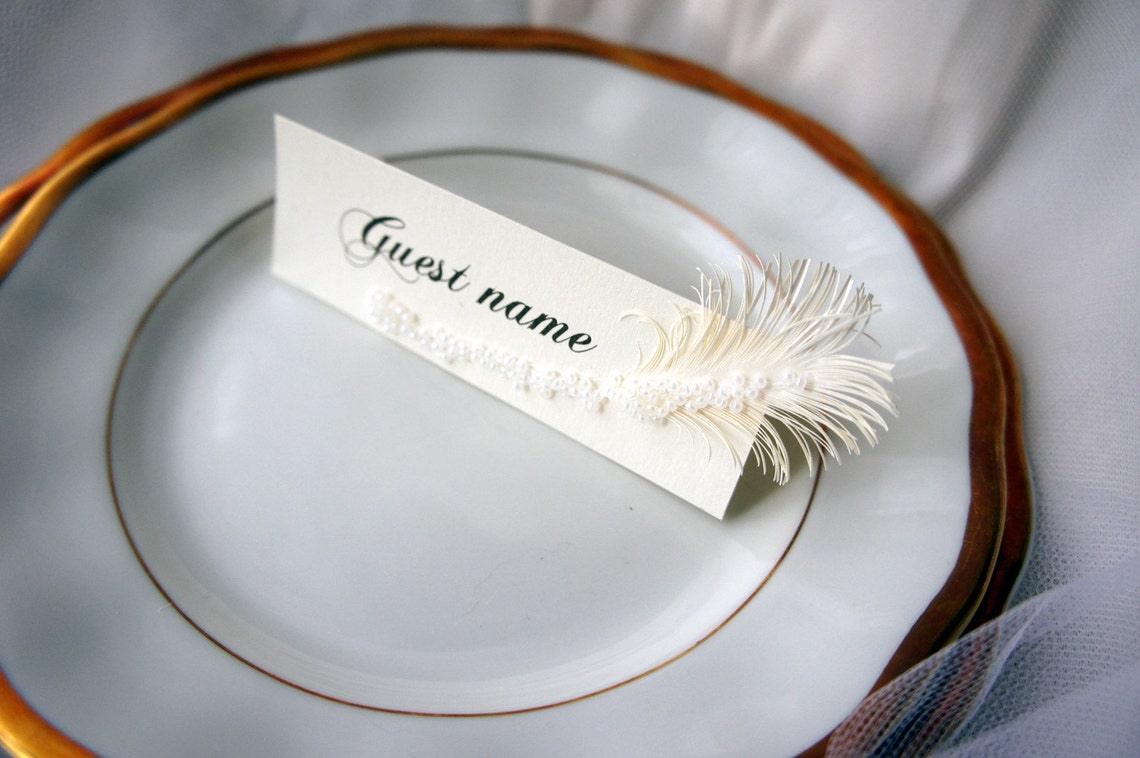 Ivory Wedding Place Cards With Feather & Pearls - Etsy