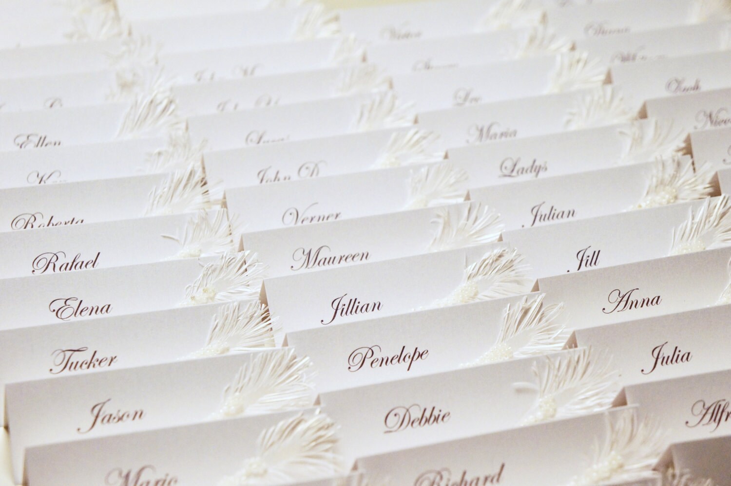 White Wedding Place Cards With Pearls and Feather Decor | Luxury ...