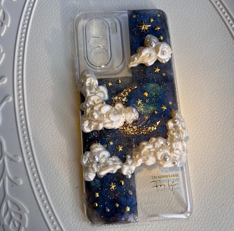 Handmade Gold Star Decoden Phone Case: White Cloud & Pearl Design - Etsy