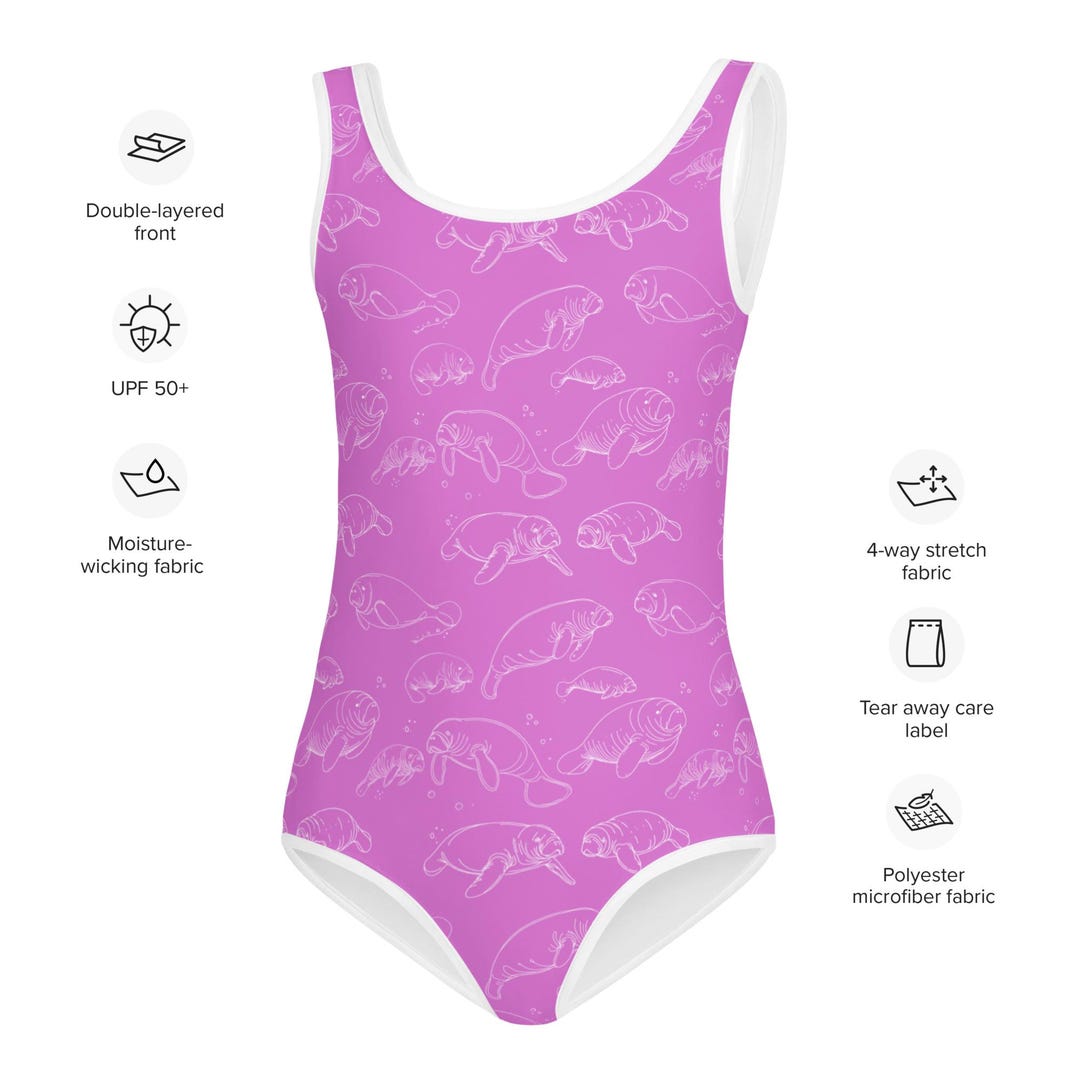 Pink and White Manatee Print Girls Swimsuit, Manatee Design Bathing ...