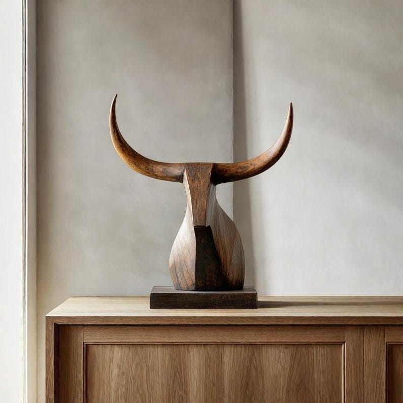 Hand Carved Wood Bull Sculpture: Modern Minimalist Art Decor - Etsy