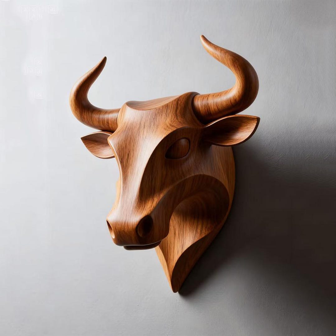 Wooden Bull Head Wall Art Hand-carved Animal Sculpture Abstract Wooden ...