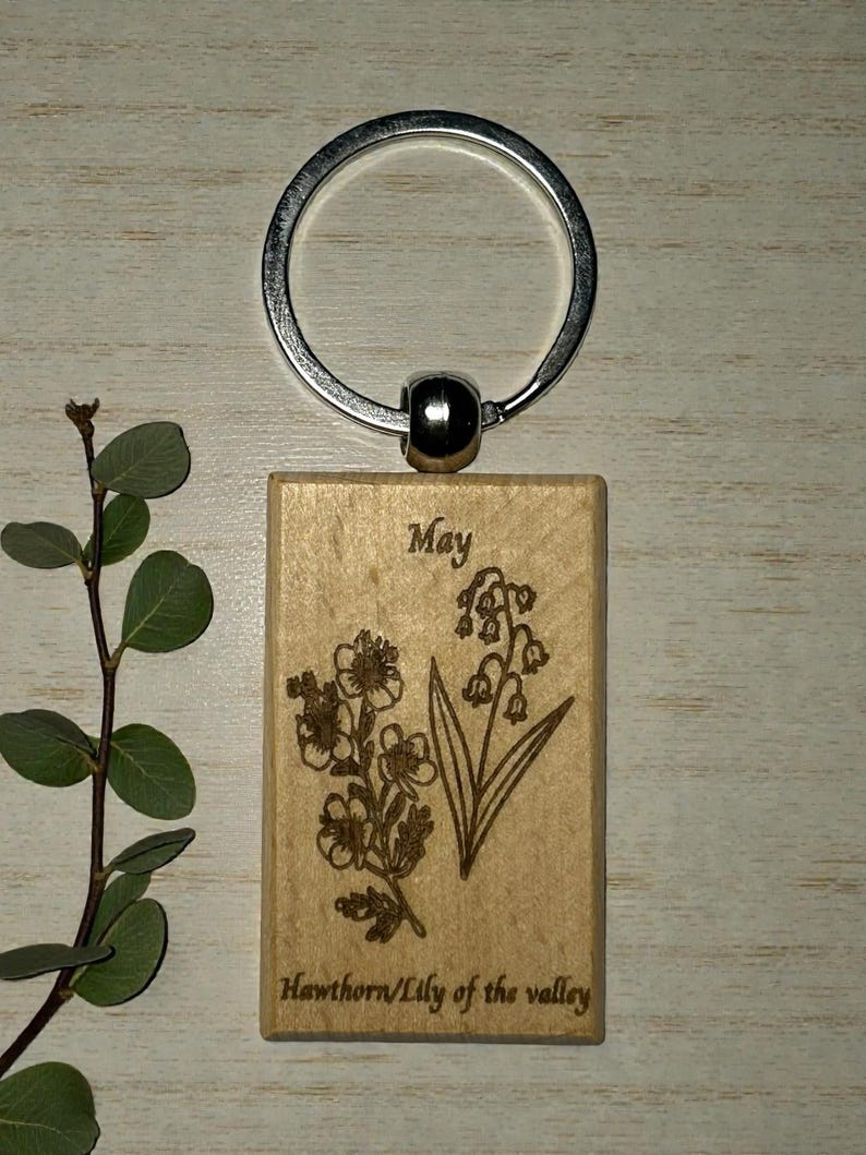 Wooden Key Chain With Birth Flower: Custom Engraved Floral Design - Etsy