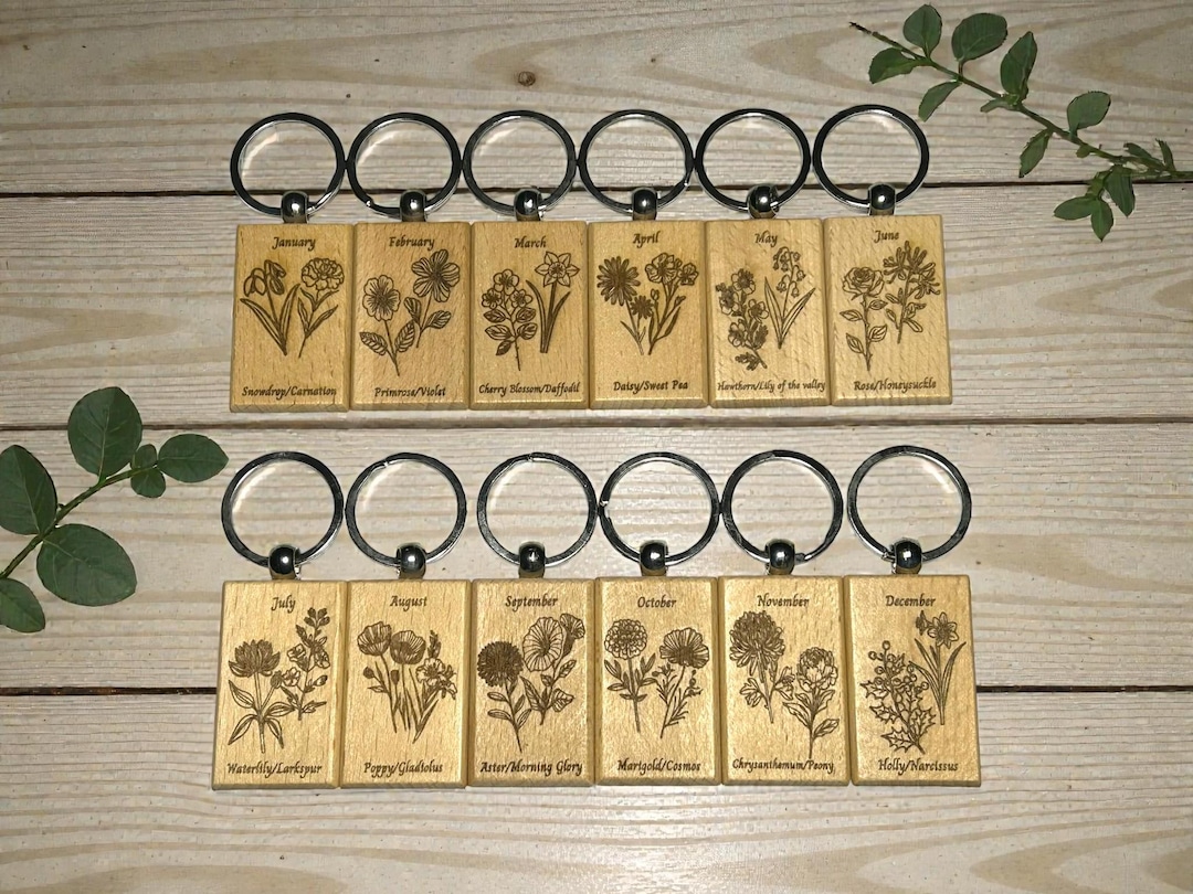 Wooden Key Chain With Birth Flower: Custom Engraved Floral Design - Etsy