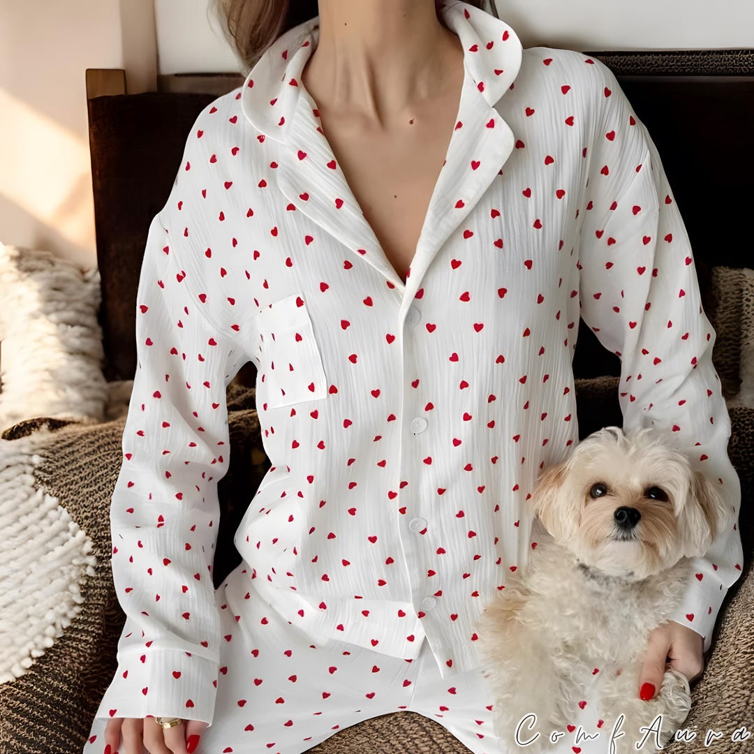 Cotton Love-heart Pyjama Set for Women, Heart Print Pyjama Shirt and ...