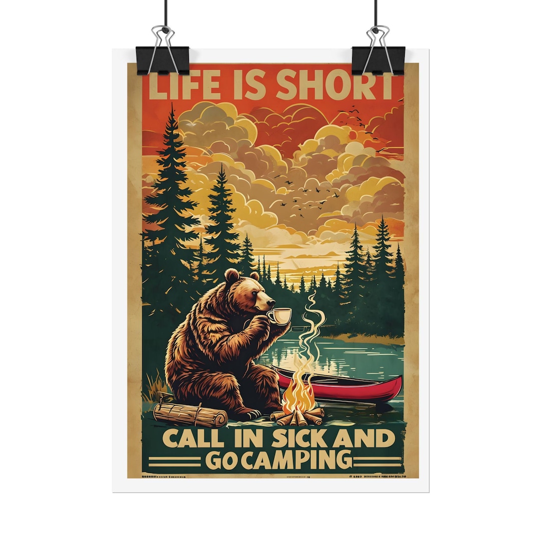 Vintage Camping Bear Poster, Rustic Nature Wall Art, Outdoor Adventure ...