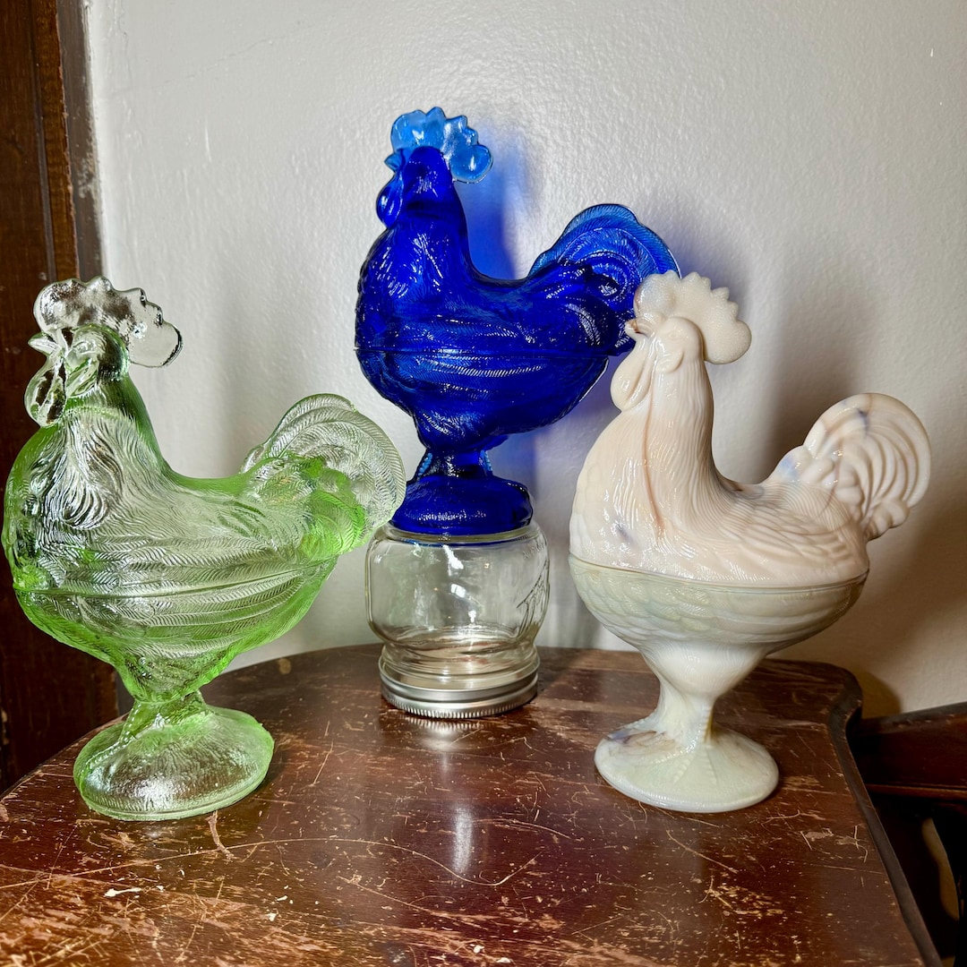 Vintage Glass Rooster Candy Dishes. Depression Style. Cobalt Blue ...