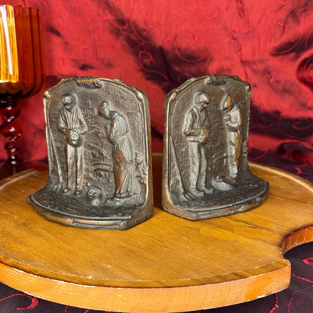 Antique Bronze Bookends "the Angelus" Farmer Couple Praying for Harvest ...