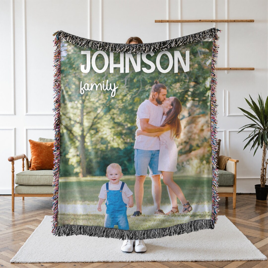 Personalized Family Photo Blanket: Custom Cotton Throw, Last Name Decor ...