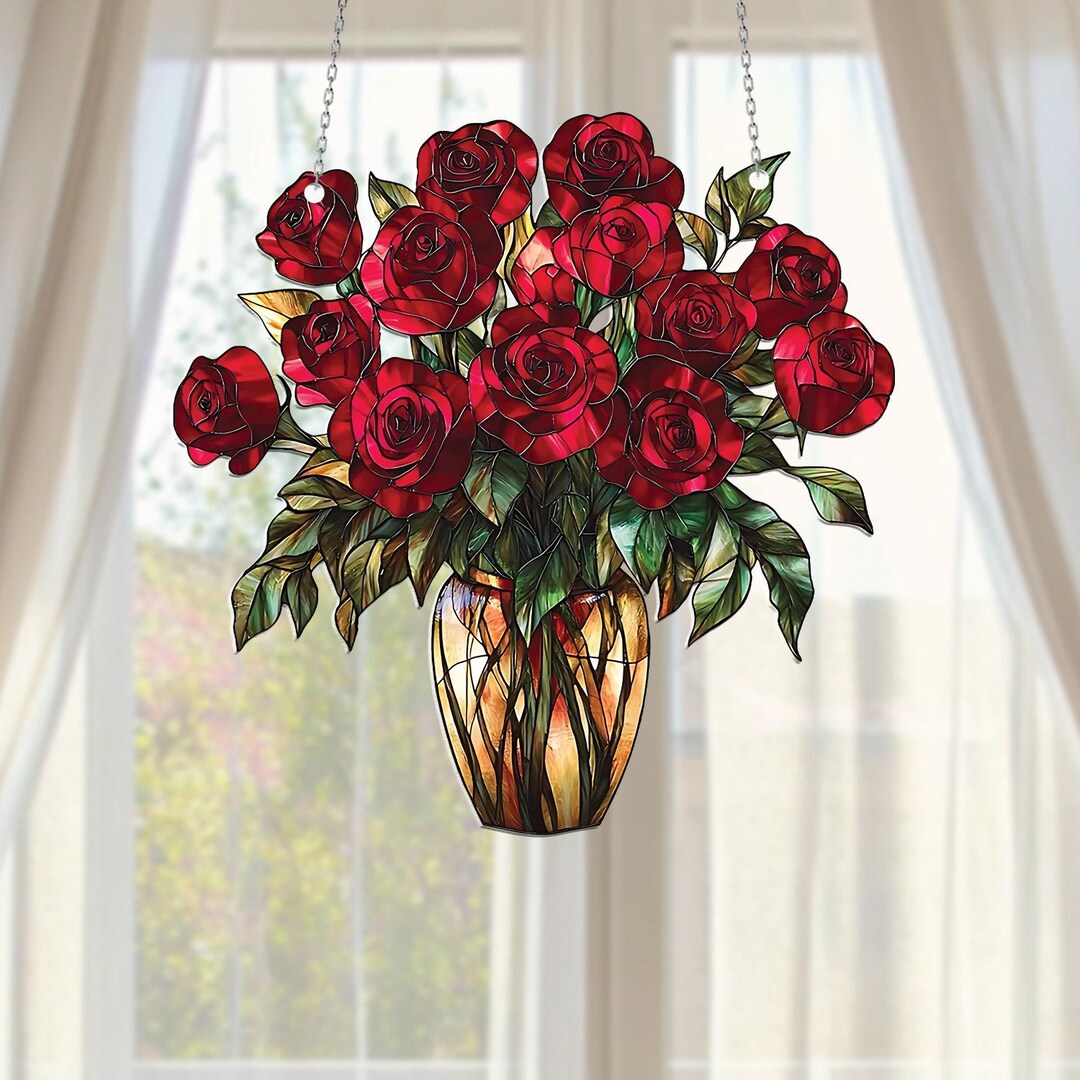Rose Flower Window Hanging Decor, Faux Stained Glass Red Rose Bouquet ...