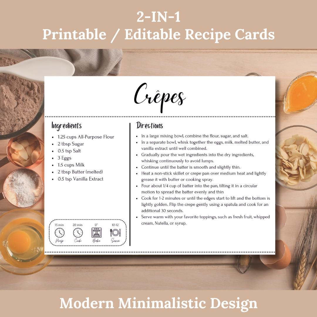 Printable Recipe Cards Template - Minimalist Simple Elegant Design ...