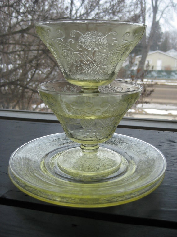 Items Similar To Two Depression Glass Footed Sherbets With Saucers In Yellow Florentine No 2