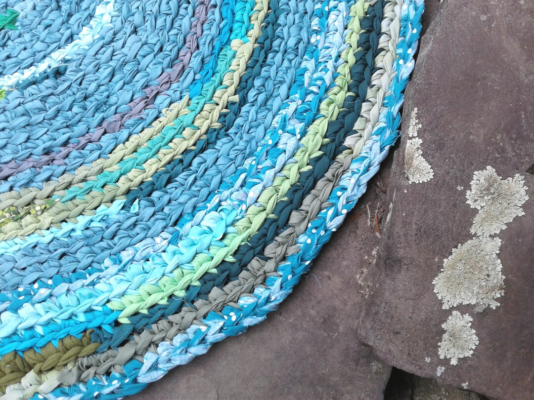 Green, Teal, Aqua Crochet Rag Rug, Farmhouse Rug braided Rug, Crochet ...
